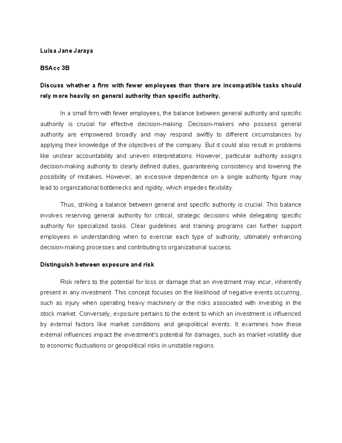 AIS 3B Assignment: Balancing General vs Specific Authority in Firms ...