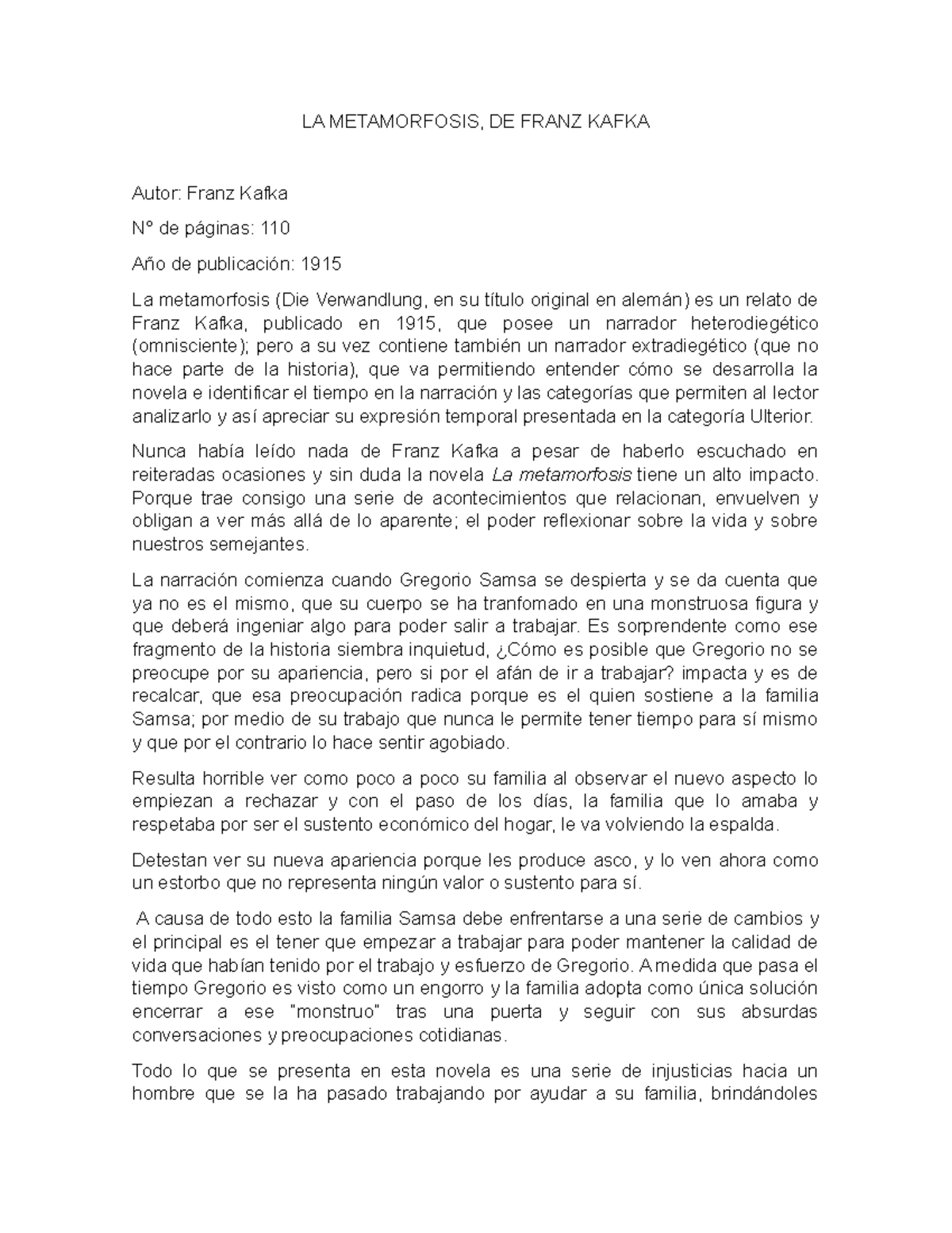 LA Metamorfosis - resumen sobre el libro. - LA METAMORFOSIS, DE FRANZ ...