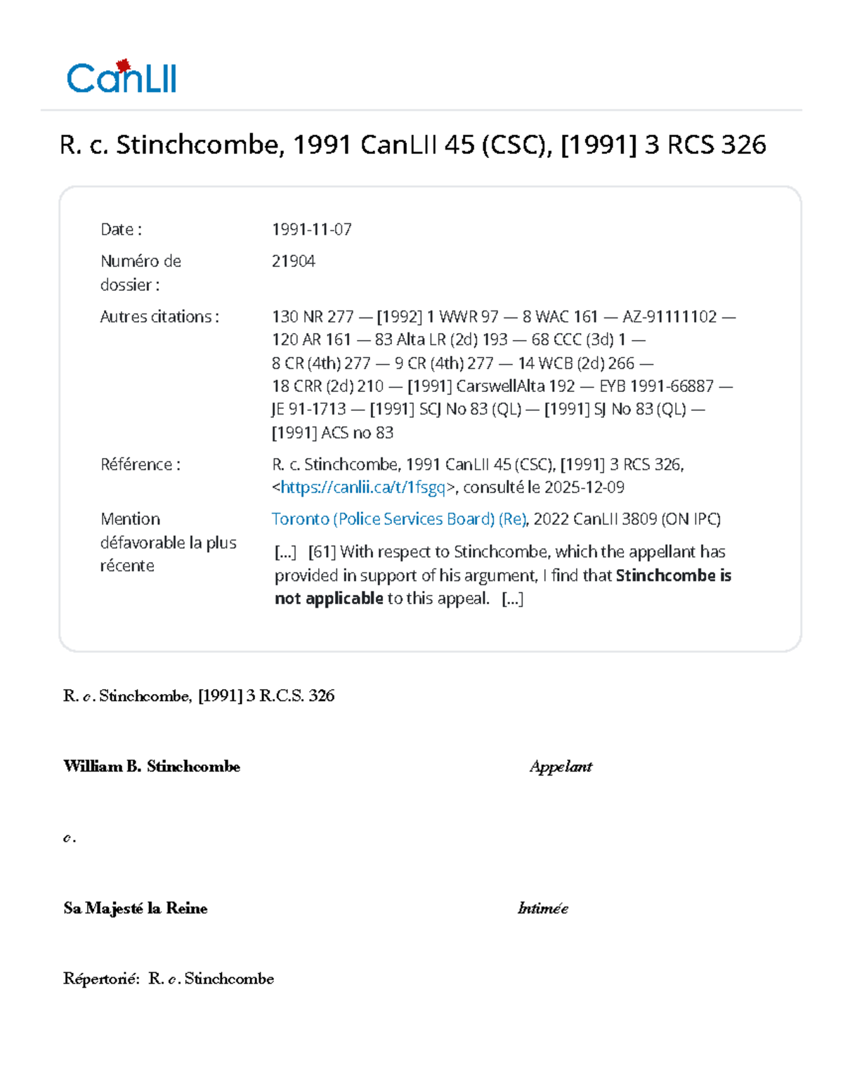 R. c. Stinchcombe, 1991 CanLII 45 (CSC) - Analyse Juridique - Studocu