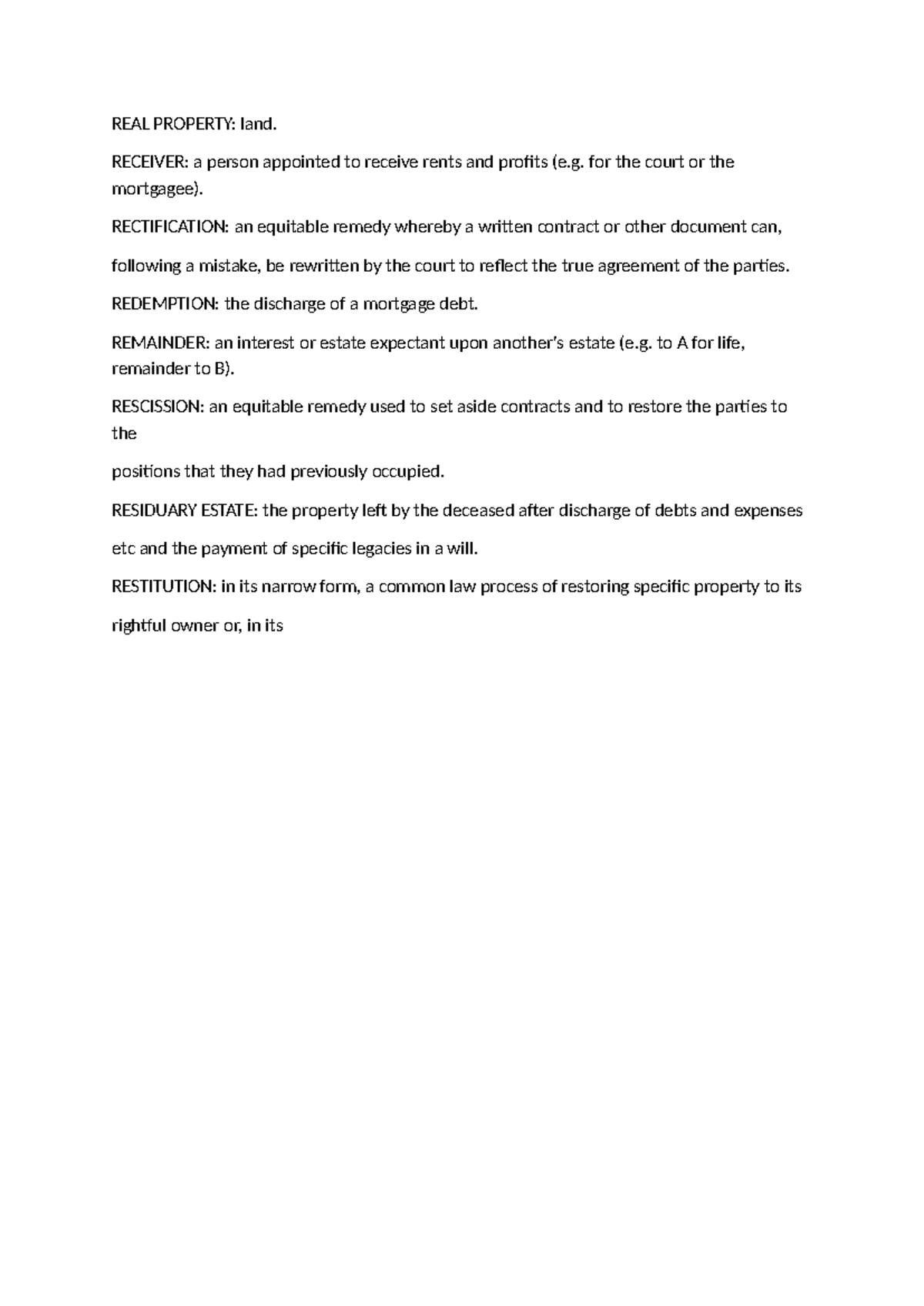 REAL PROPERTY: Key Terms and Definitions for Study - Studocu