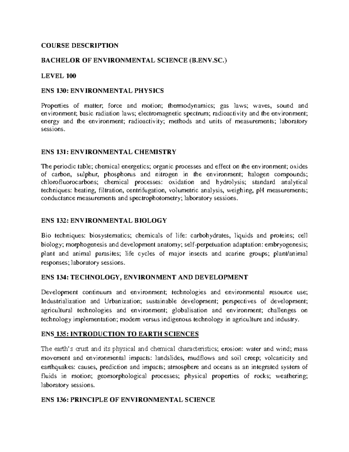 Bachelor environmental science - COURSE DESCRIPTION BACHELOR OF ...