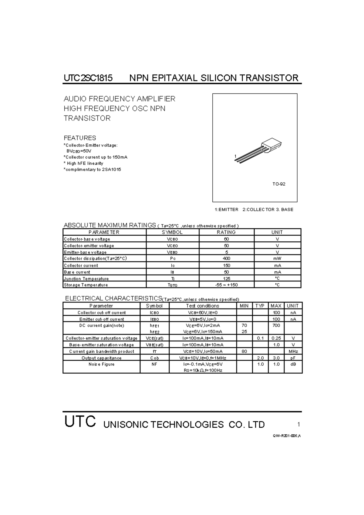 UTC 2SC1815 NPN Transistor Specs & Features Overview - Studocu