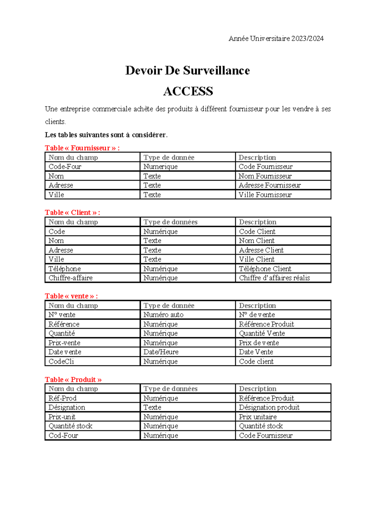 Devoir de Surveillance ACCESS 2 : Gestion des Fournisseurs et Clients - Studocu