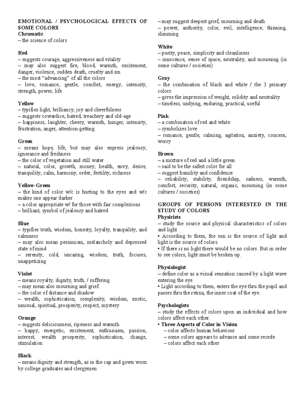 HUM 101 03 - Emotional Psychological Effects of Colors - Studocu