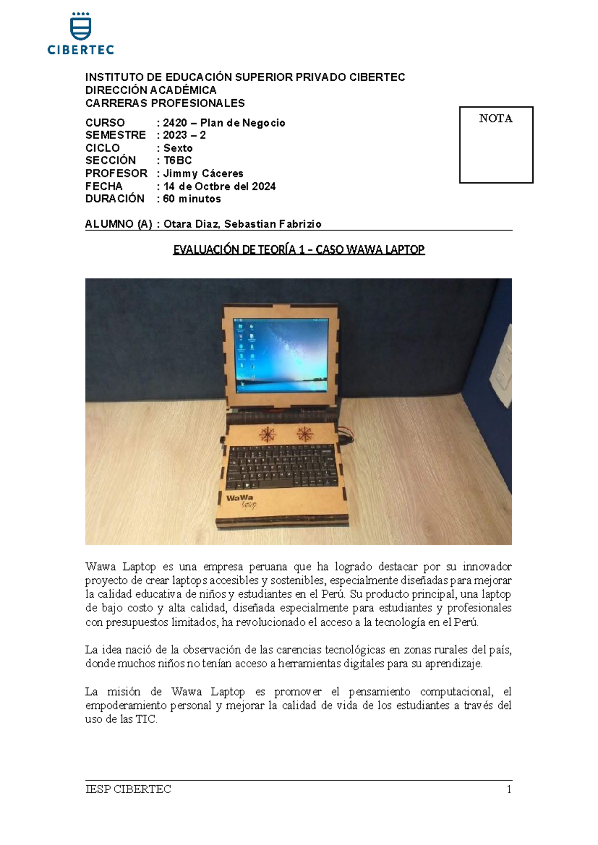 2420 PLAN DE Negocios T6BC 00 T1 Jimmy Caceres Anticona - INSTITUTO DE ...