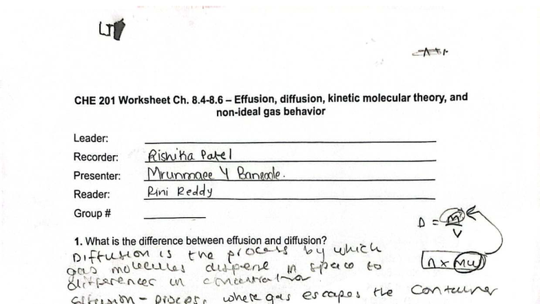 ASM CHE 201 Worksheet: Effusion, Diffusion & Kinetic Theory - Studocu