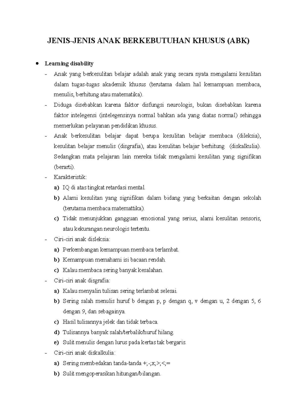 Jenis-jenis Anak Berkebutuhan Khusus (ABK) dan Karakteristiknya - Studocu