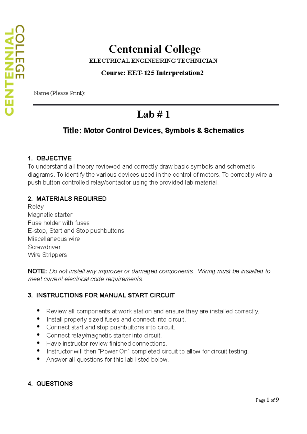 Motor Control Devices and Symbols: Electrical Engineering Lab - Studocu