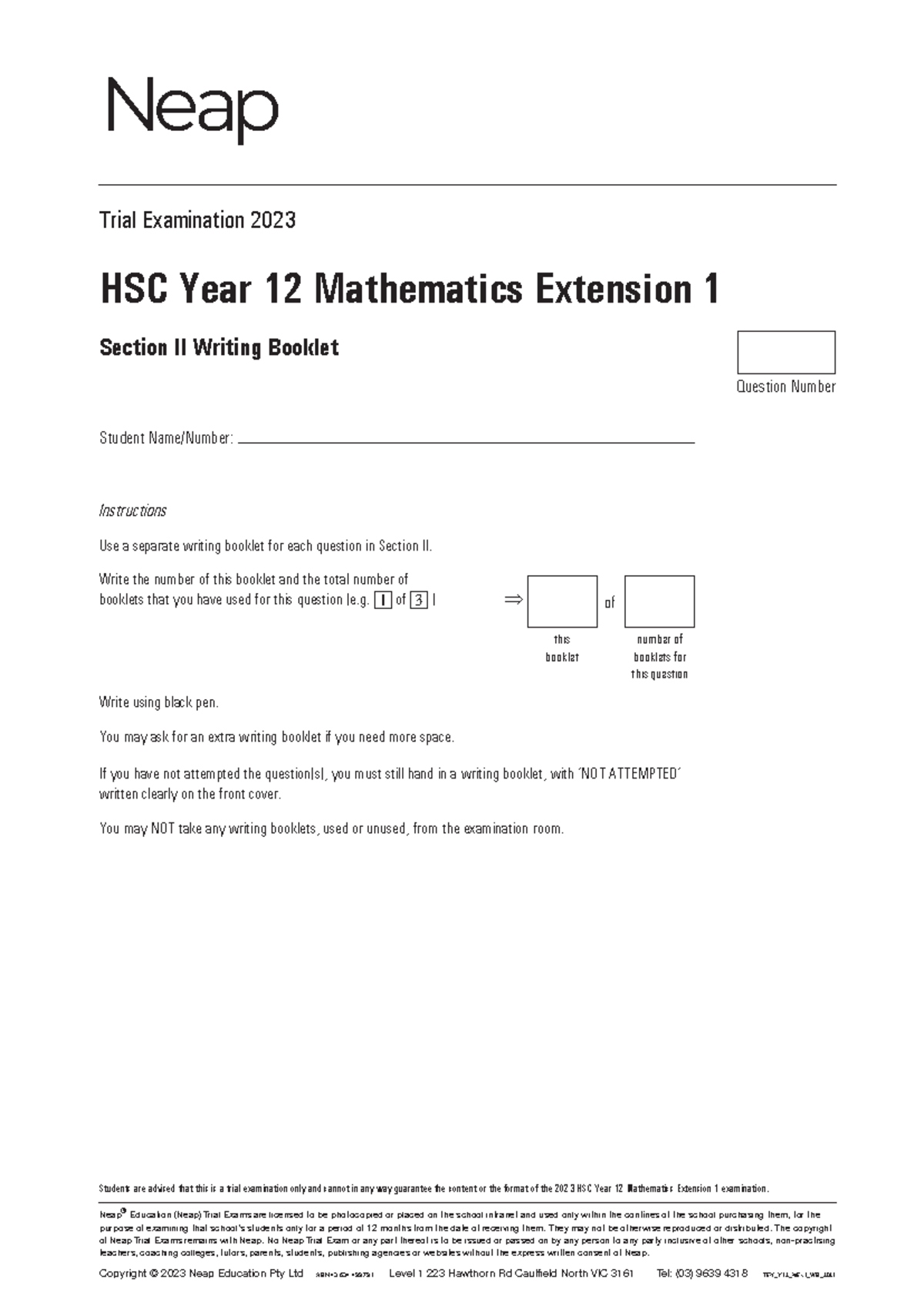 HSC Mathematics Extension 1 Year 12 Trial Exam Writing Booklet 2023 ...