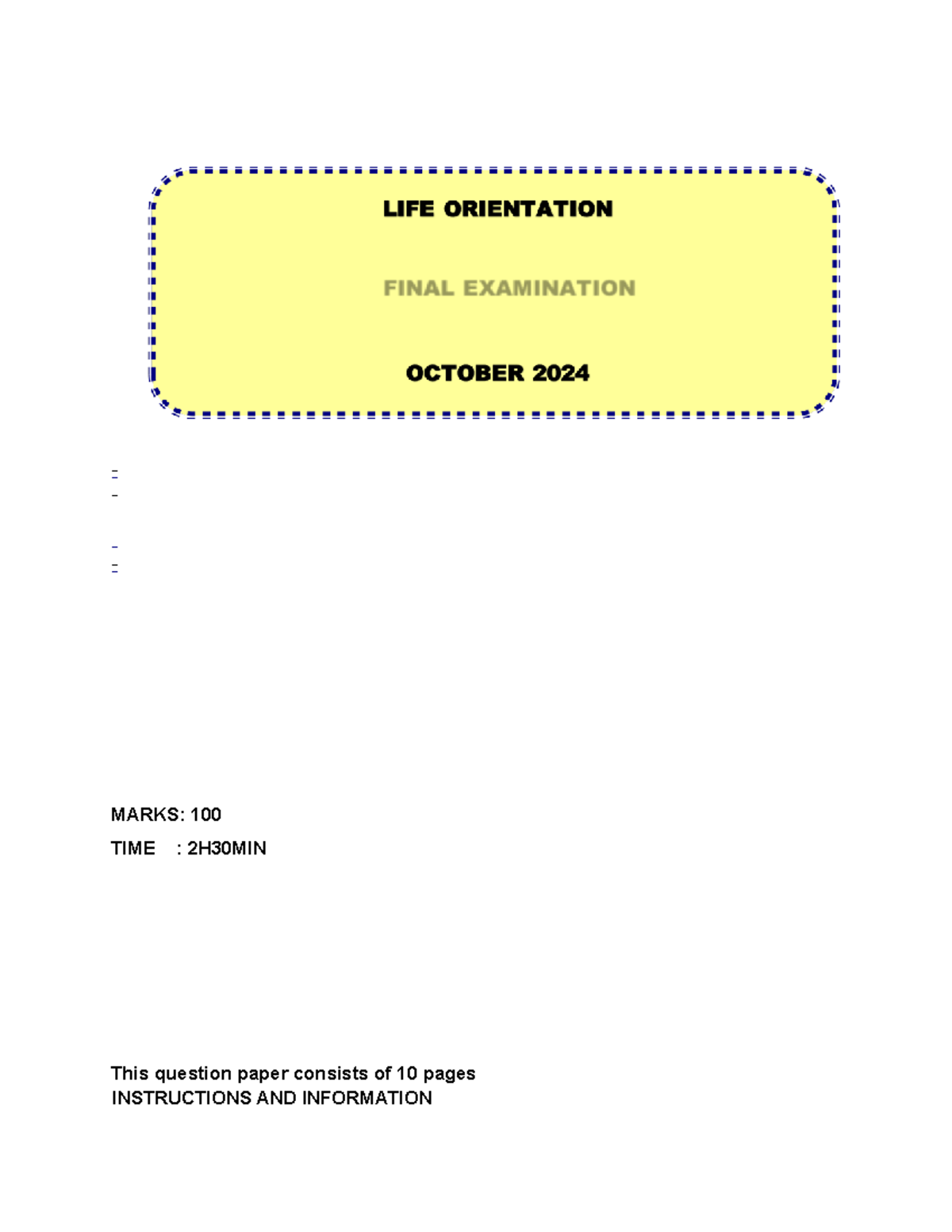 LIFE ORIENTATION GRADE 11 FINAL EXAM 2025 MARKING GUIDELINES - Studocu