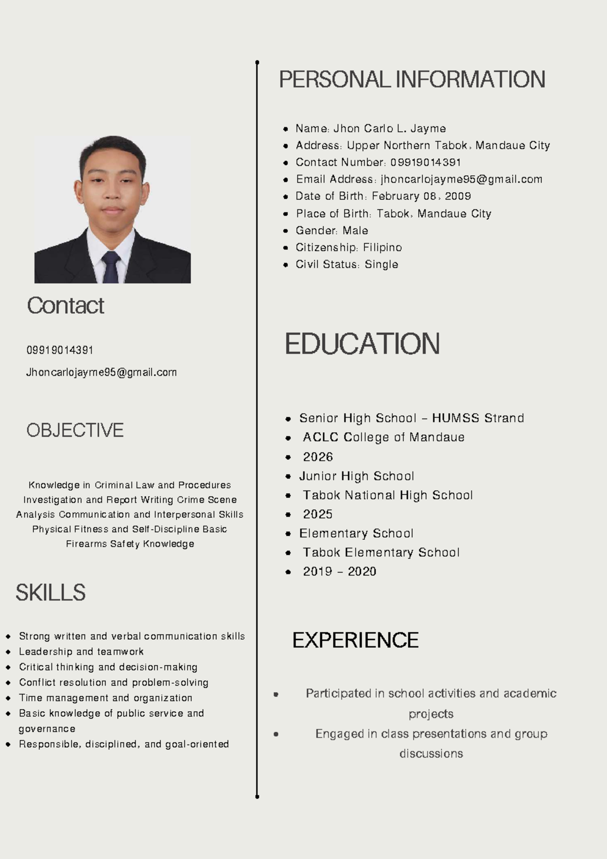 HUMSS Senior High School Resume - Jhon Carlo L. Jayme - Studocu