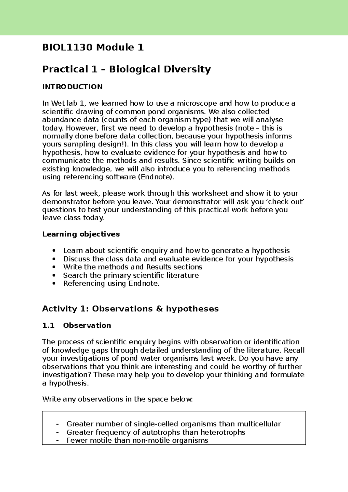 BIOL1130 Module 1 Practical 1: Exploring Biological Diversity - Studocu