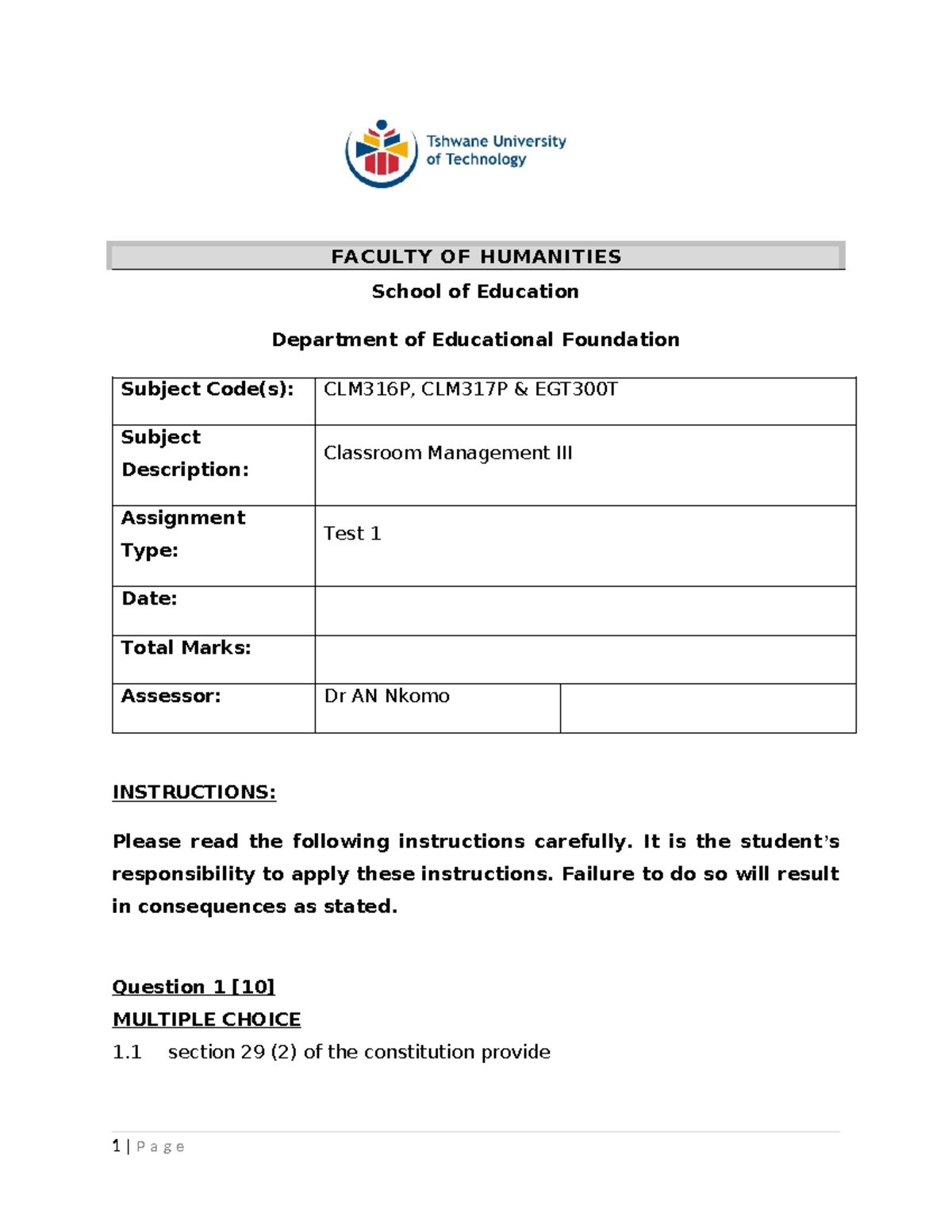 CLM316P/CLM317P Classroom Management Test 1 Memo and Answers - Studocu