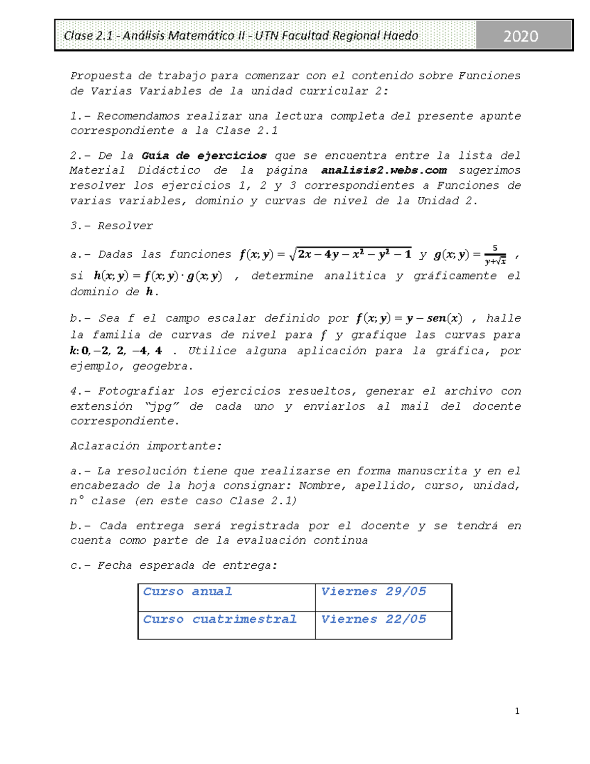 Clase 2.1: Funciones de Varias Variables - Análisis Matemático II UTN - Studocu