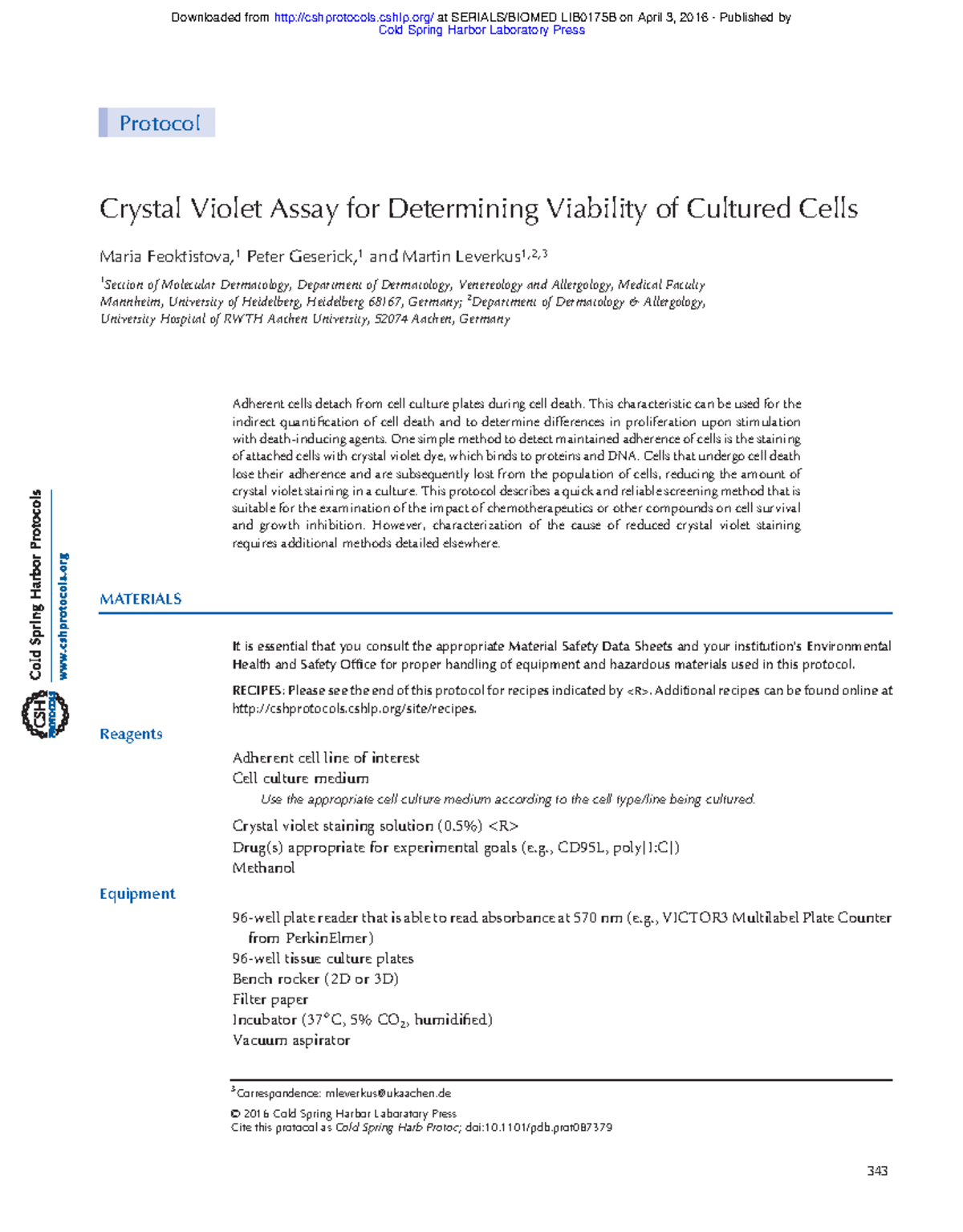2016-CVAssayfordeterminingviabilityofculturedcells - Protocol Crystal ...