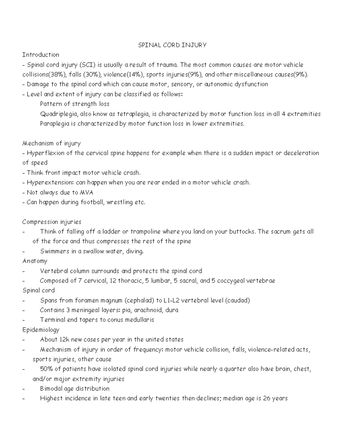 Spinal Cord Injury - LECTURE NOTES Overview and Key Concepts - Studocu