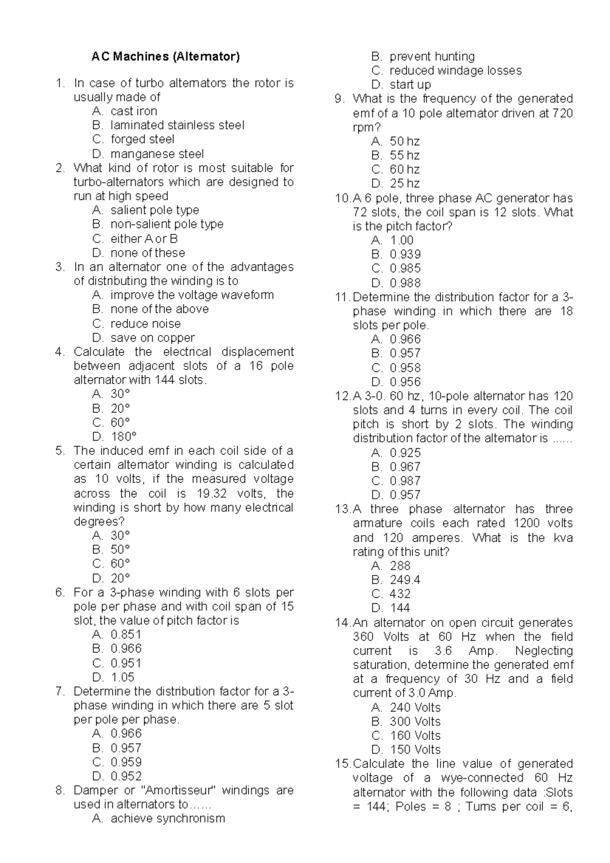 AC Machines: Alternator Study Guide (7 AC) - Studocu