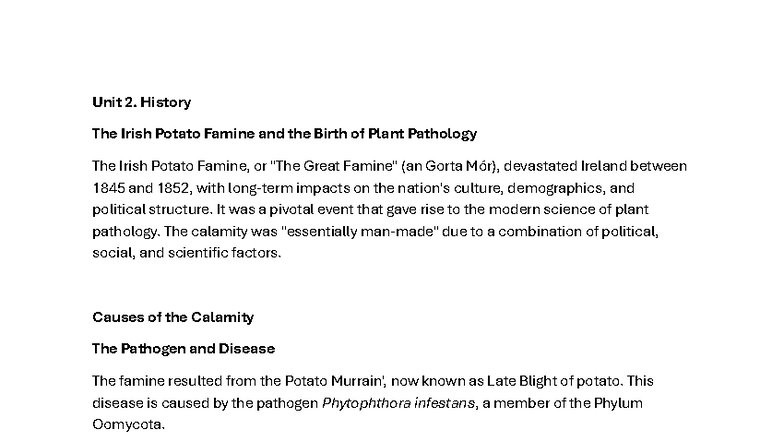 Unit 2 Study Guide: The Irish Potato Famine & Plant Pathology - Studocu