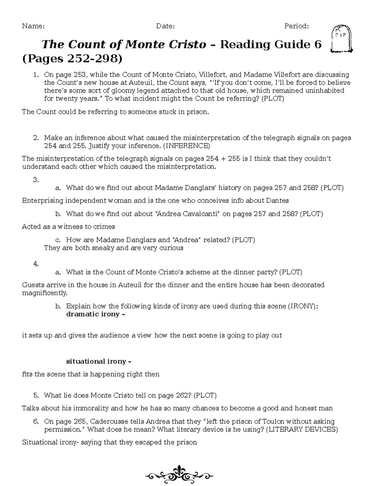 Count of Monte Cristo Reading Guide 6 (Pages 252-298) - Studocu