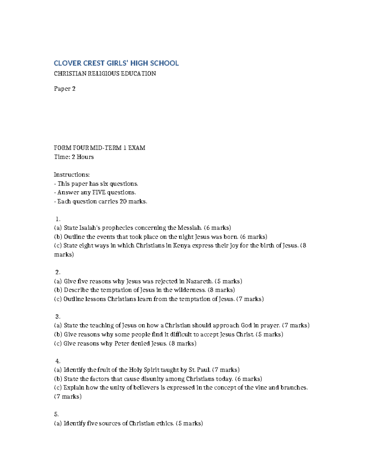 FORM FOUR CRE EXAM - Notes - CLOVER CREST GIRLS' HIGH SCHOOL CHRISTIAN ...