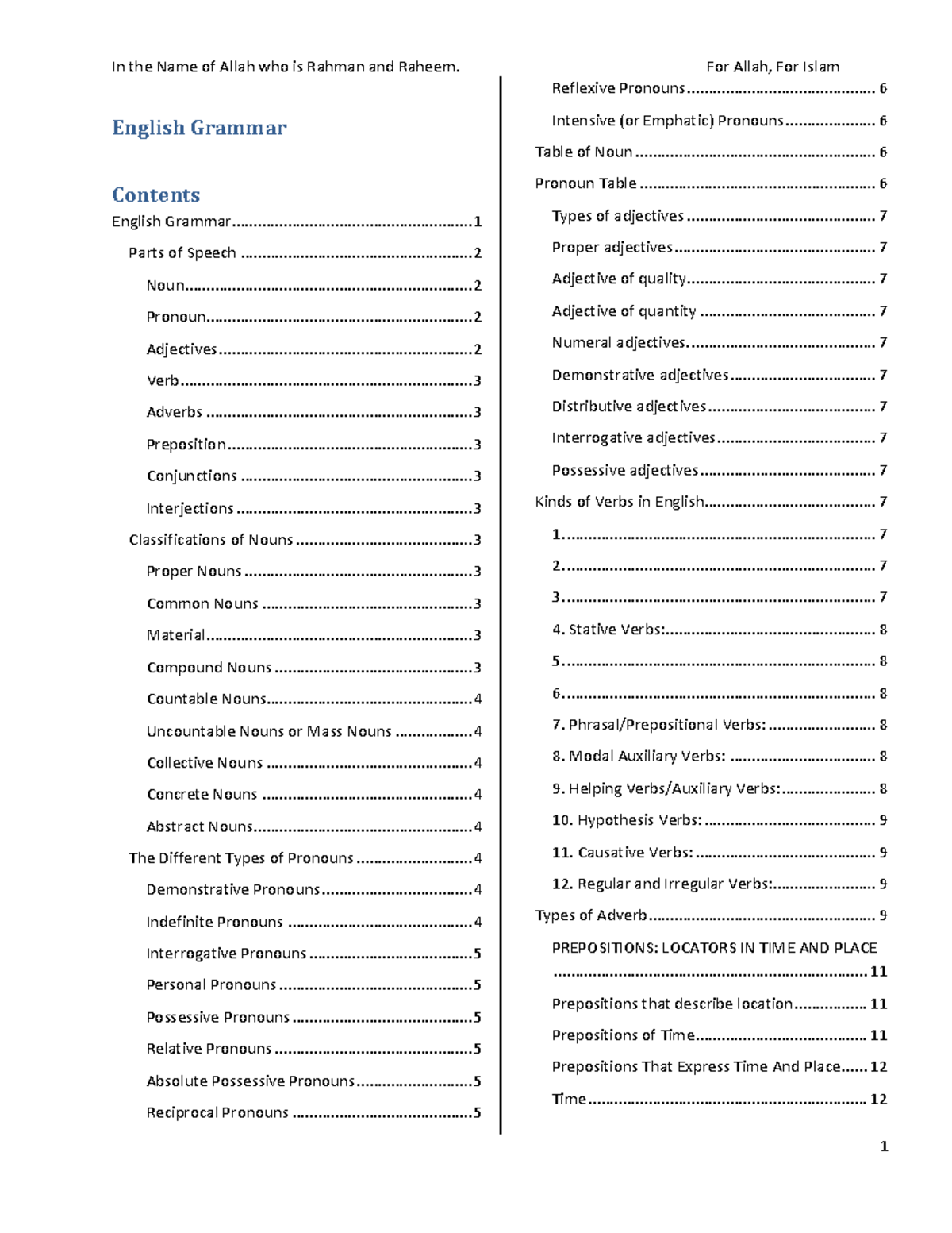 English Grammar Notes-1 - In the Name of Allah who is Rahman and Raheem ...