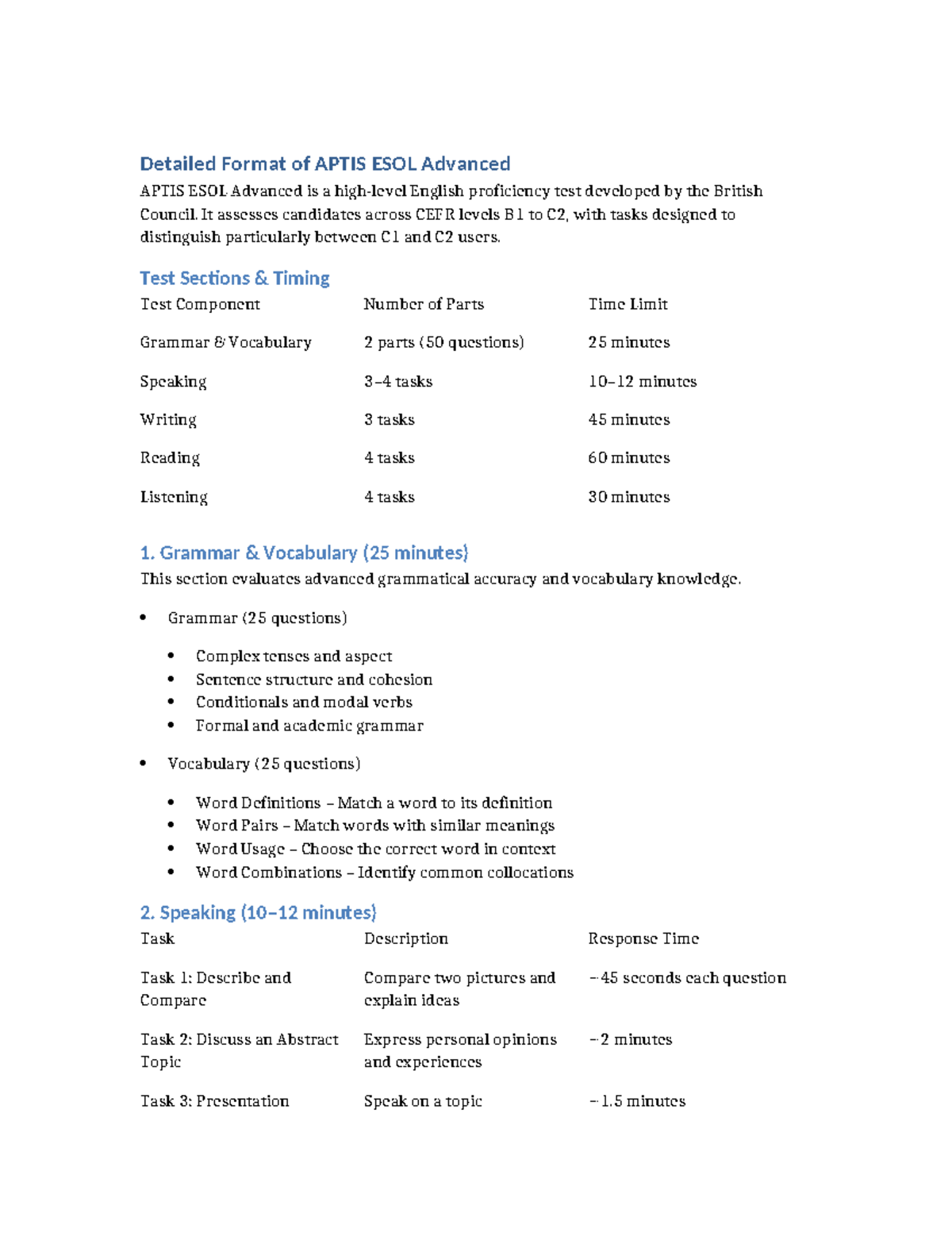 APTIS ESOL Advanced Test Format Overview - Studocu