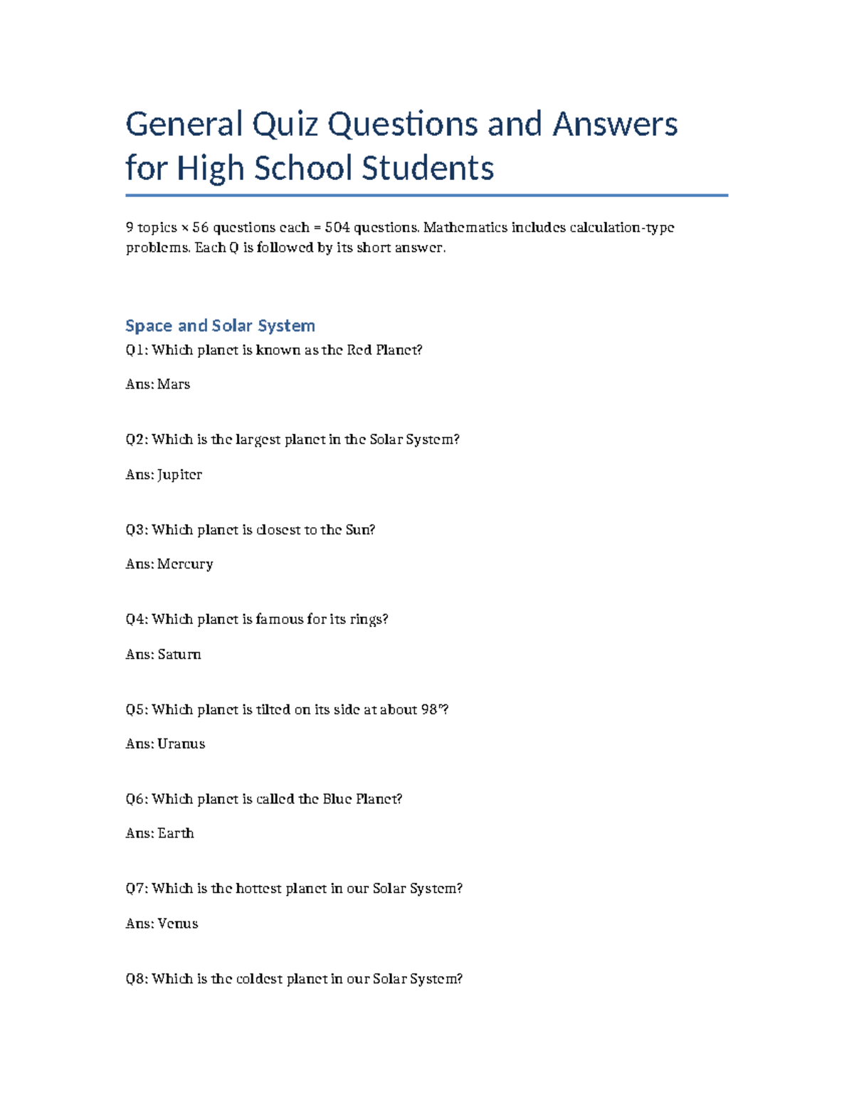 High School Quiz 504: General Questions & Answers - Studocu