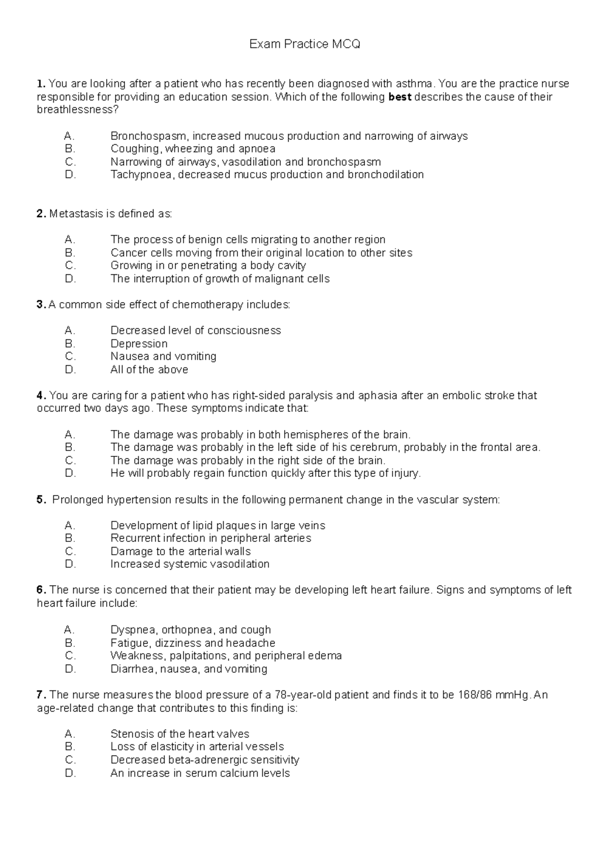 Practice Exam MCQ for Nursing S2: Key Concepts & Questions - Studocu