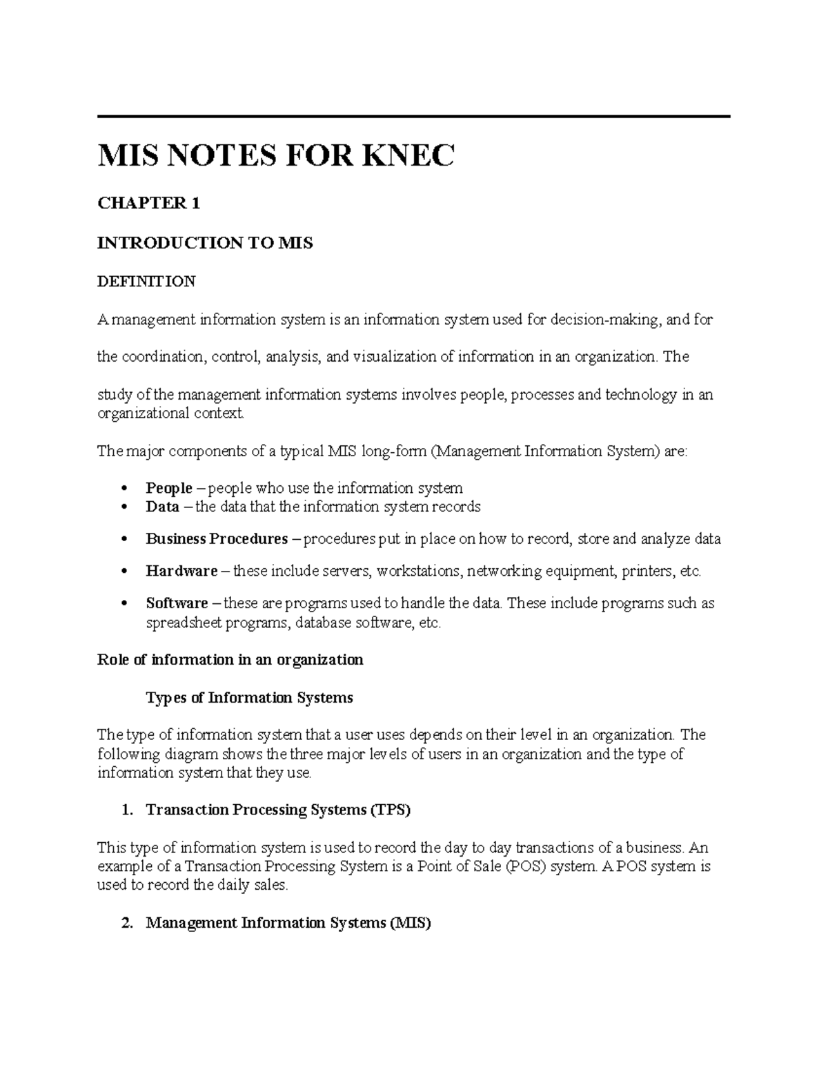 MIS Notes for KNEC: Understanding Management Information Systems - Studocu