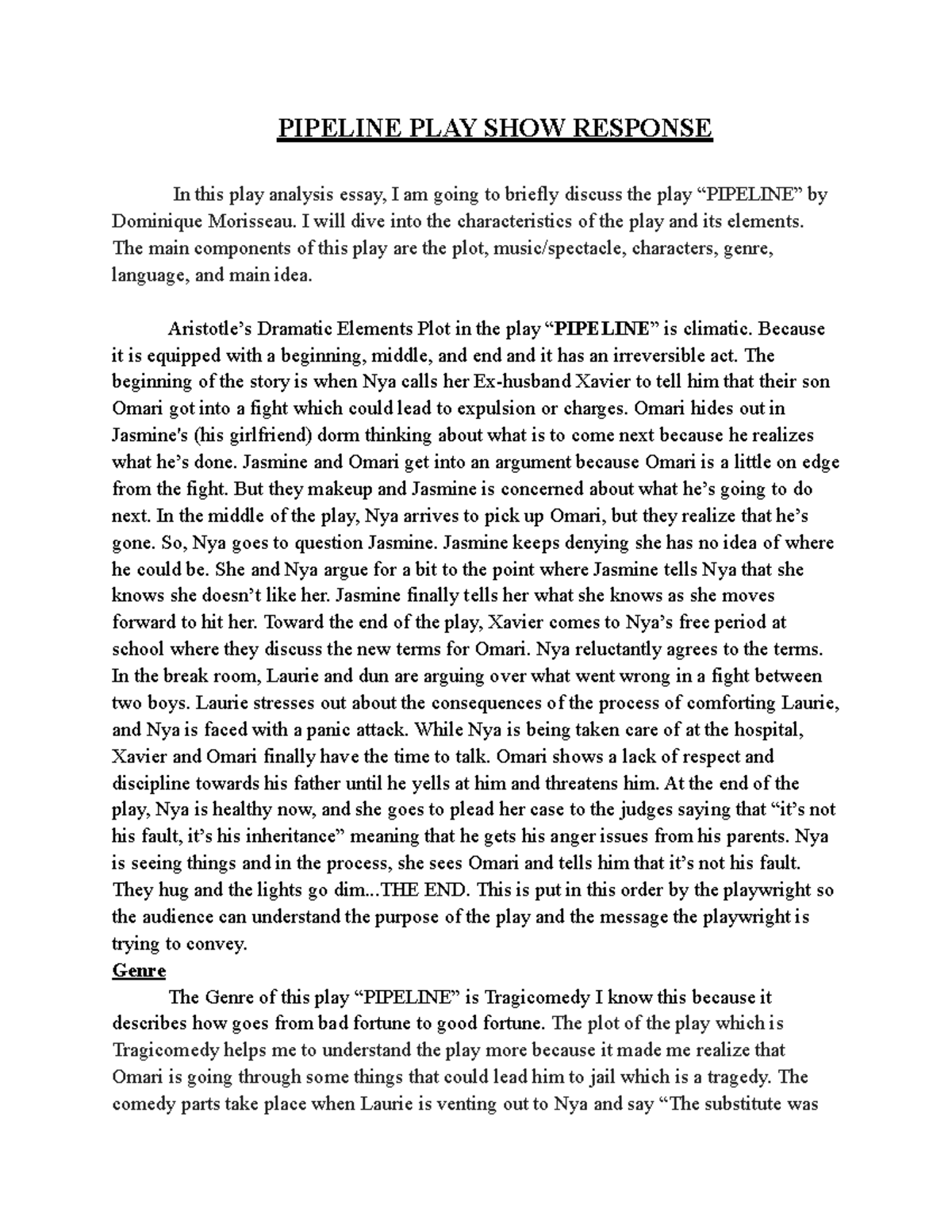 Analysis of "Pipeline" Play: Dramatic Elements & Themes - Studocu