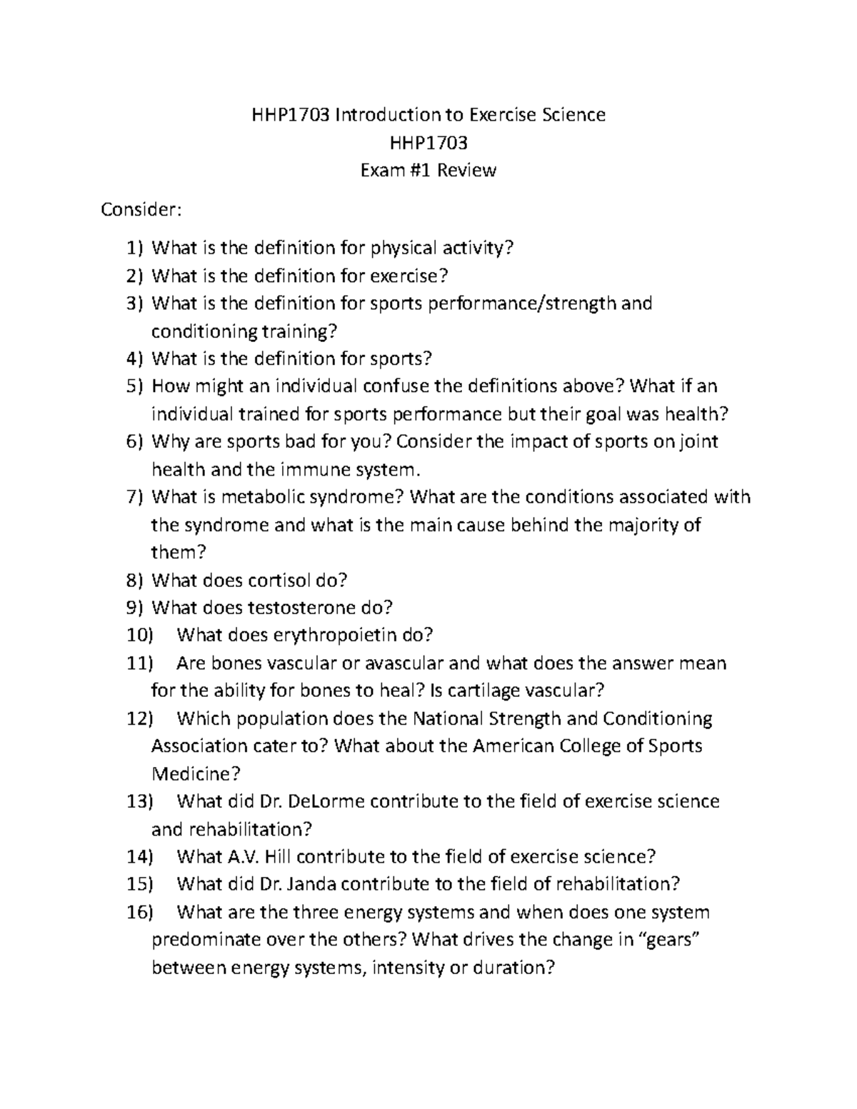 HHP1703 Exam #1 Review: Key Concepts in Exercise Science - Studocu