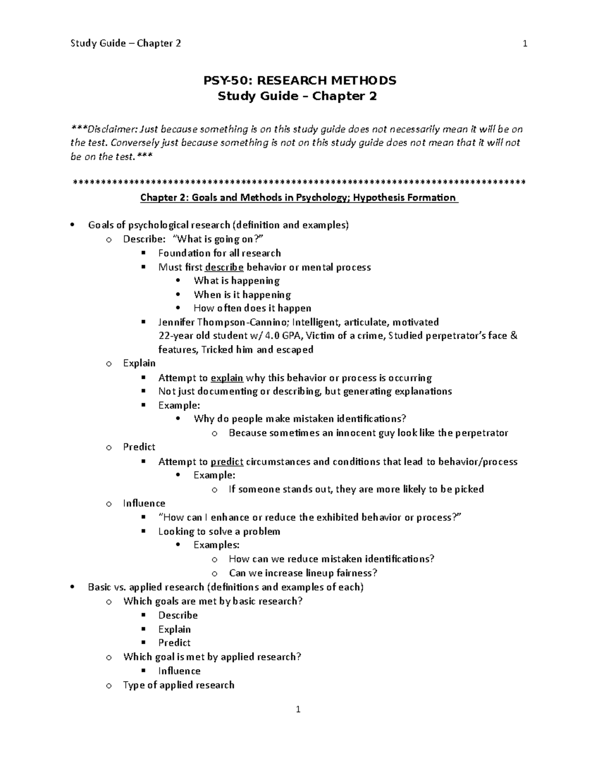 PSY 50 - Chapter 2 Study Guide - Study Guide – Chapter 2 1 PSY-50 ...