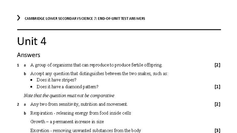 CAMBRIDGE LOWER SECONDARY SCIENCE 7: UNIT 4 TEST ANSWERS - Studocu
