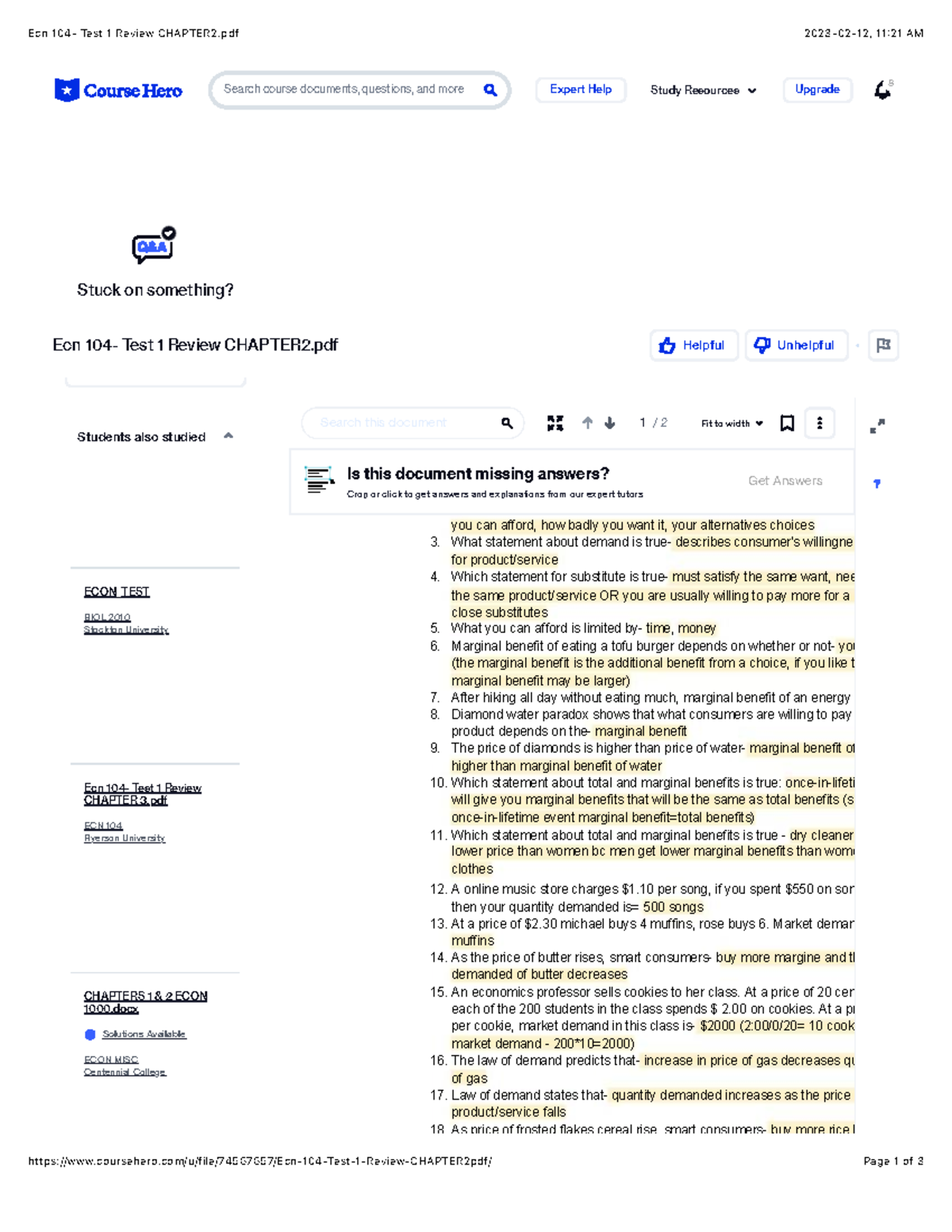 Ecn 104- Test 1 Review Chapter 2 - Ecn 104- Test 1 Review CHAPTER2 2023 ...