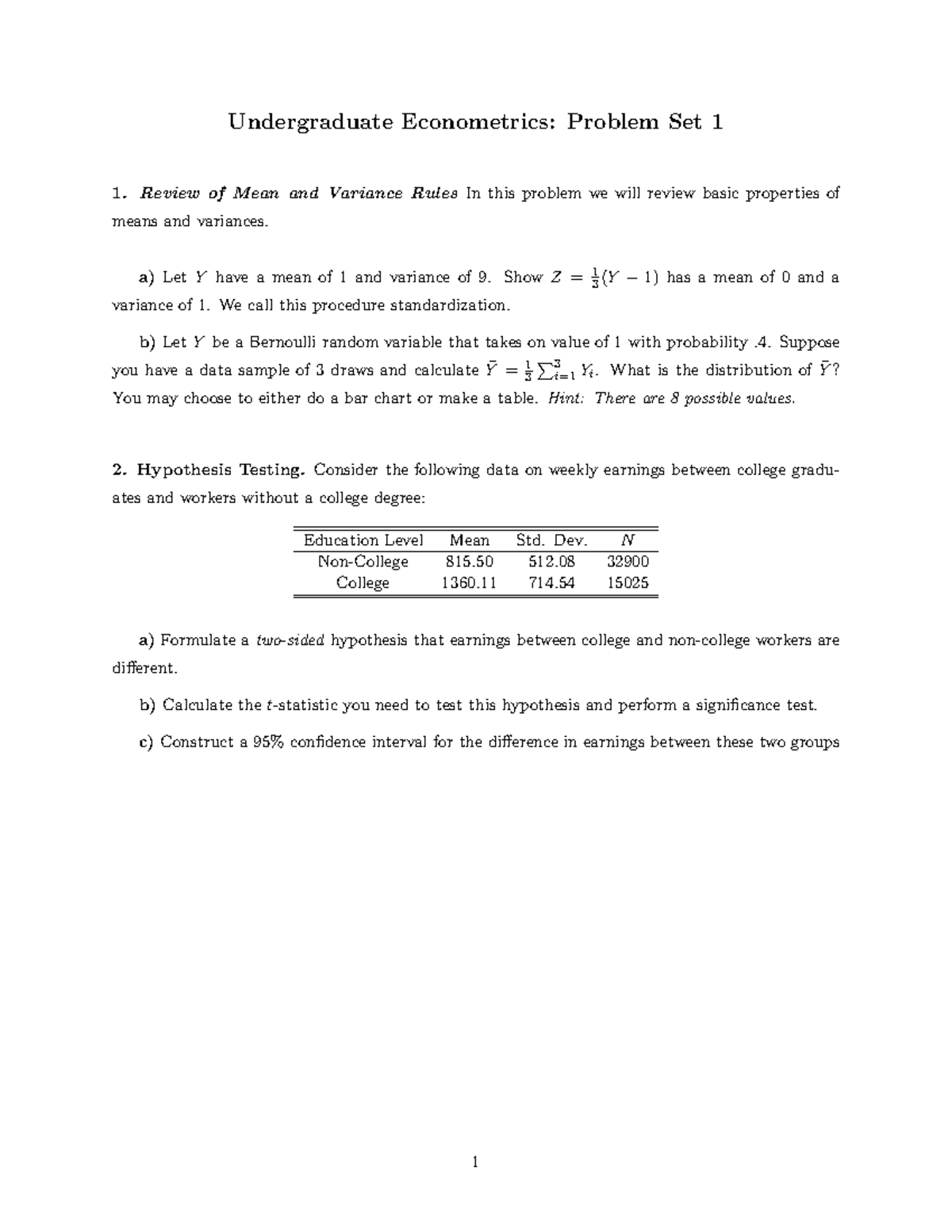 Problemset 1 spring 2025 - Undergraduate Econometrics: Problem Set 1 ...