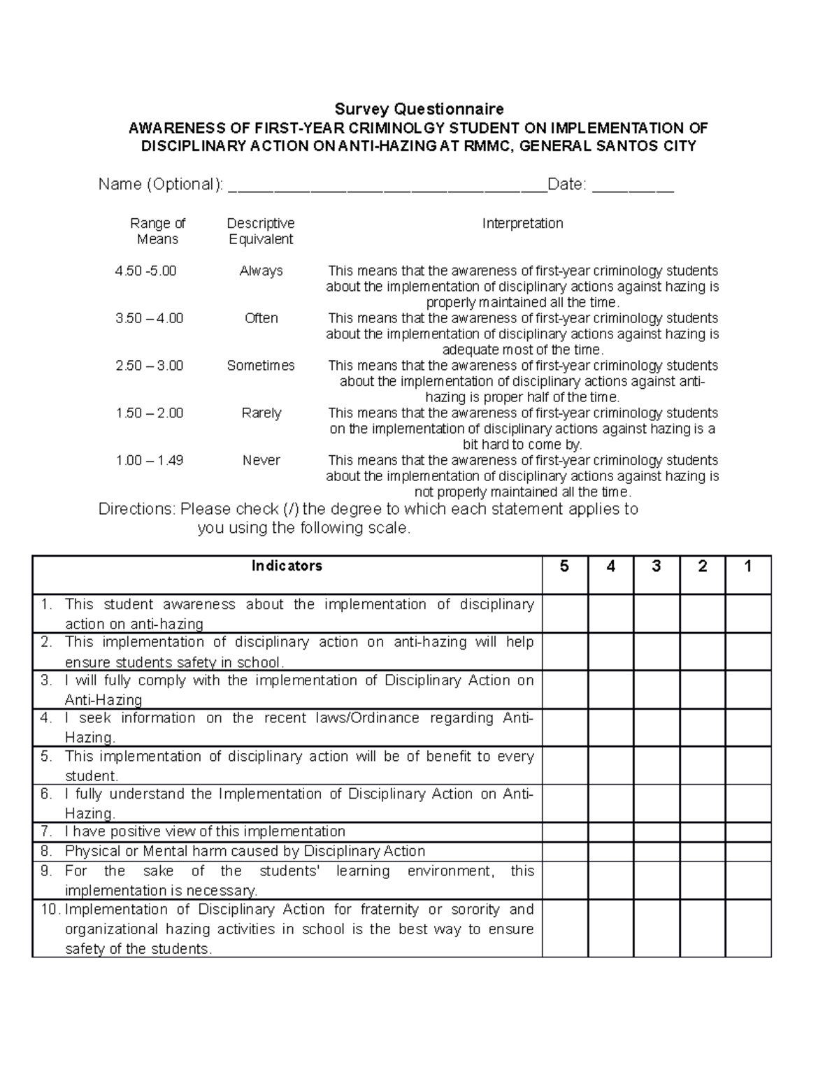 Survey Questionnaire on Anti-Hazing Awareness Among First-Year ...