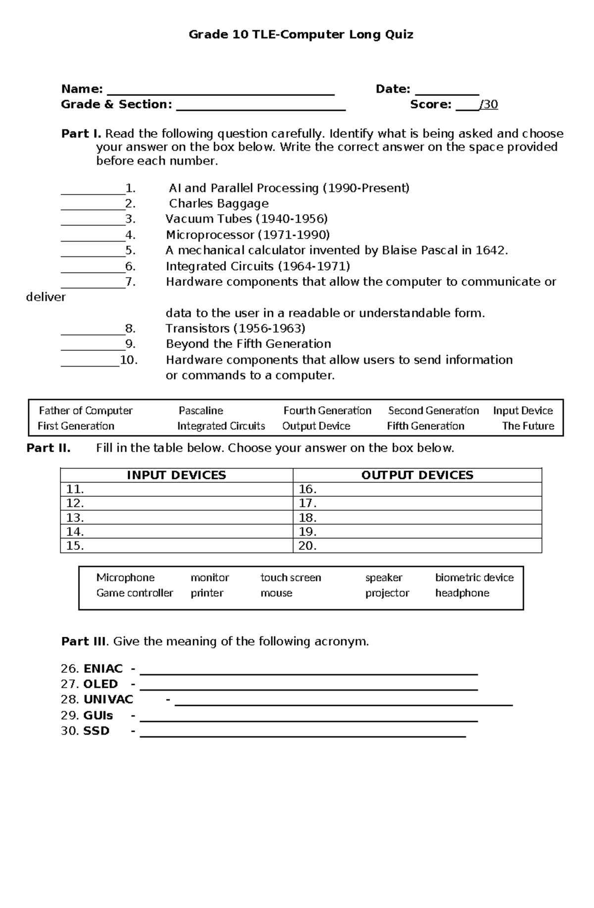 Grade 10 Computer Long Quiz: Input/Output Devices & Acronyms - Studocu