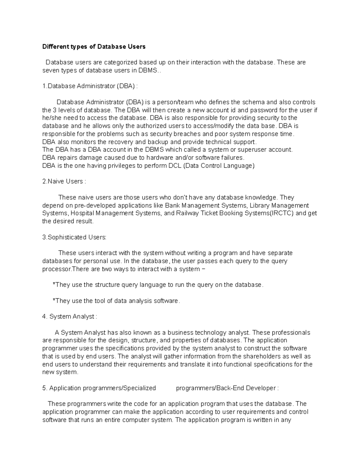 Types of Database Users in DBMS: Roles and Responsibilities - Studocu