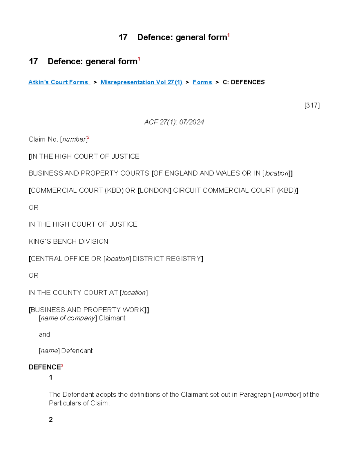 Defence forms for misrepresentation: ACF 27(1) court guidelines - Studocu