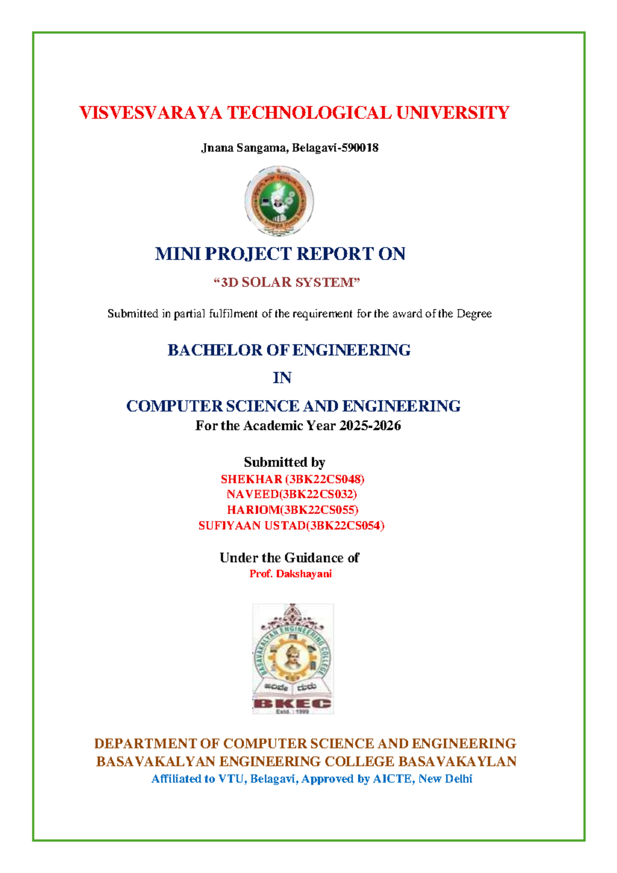 Mini Project Report on 3D Solar System Model (BCS586) - Studocu