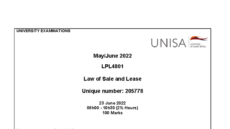 LPL4801 Final Exam: Law of Sale and Lease - May/June 2022 - Studocu