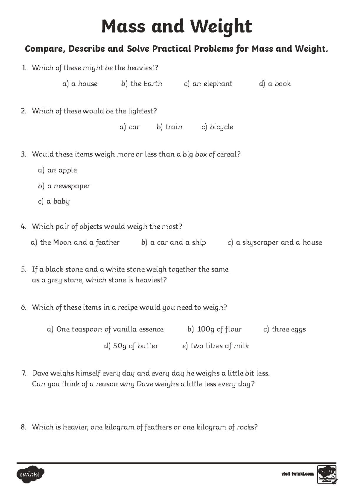 Mass vs Weight Worksheet: Compare, Describe & Solve Problems - Studocu
