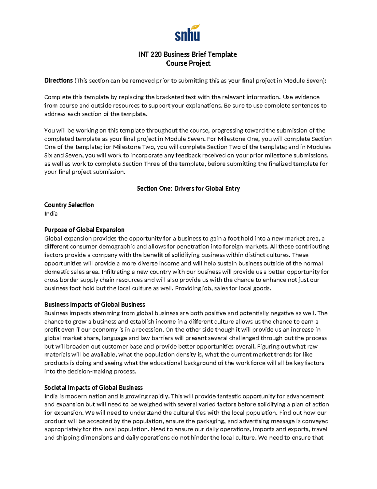 INT 220 Business Project Milestone 2: Global Expansion Strategy - Studocu