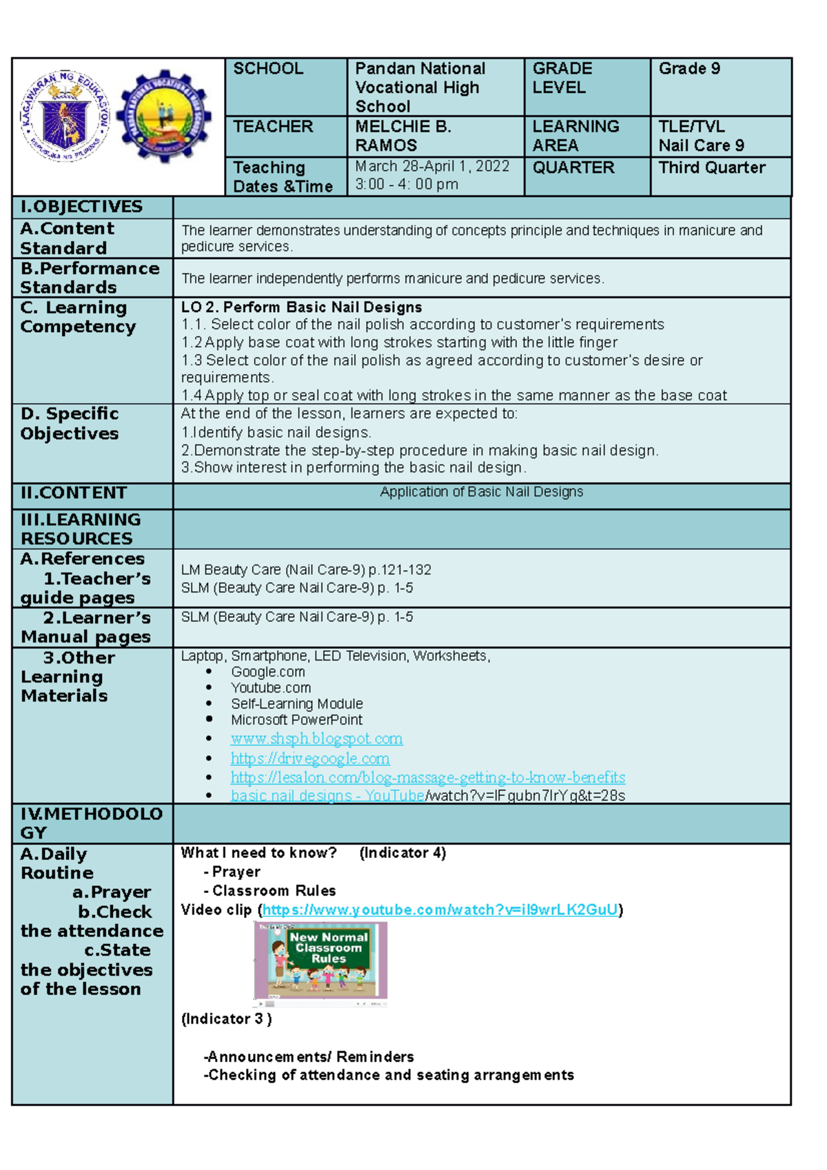 CO2 Lesson Plan: Basic Nail Designs for Beauty Care Grade 9 - Studocu