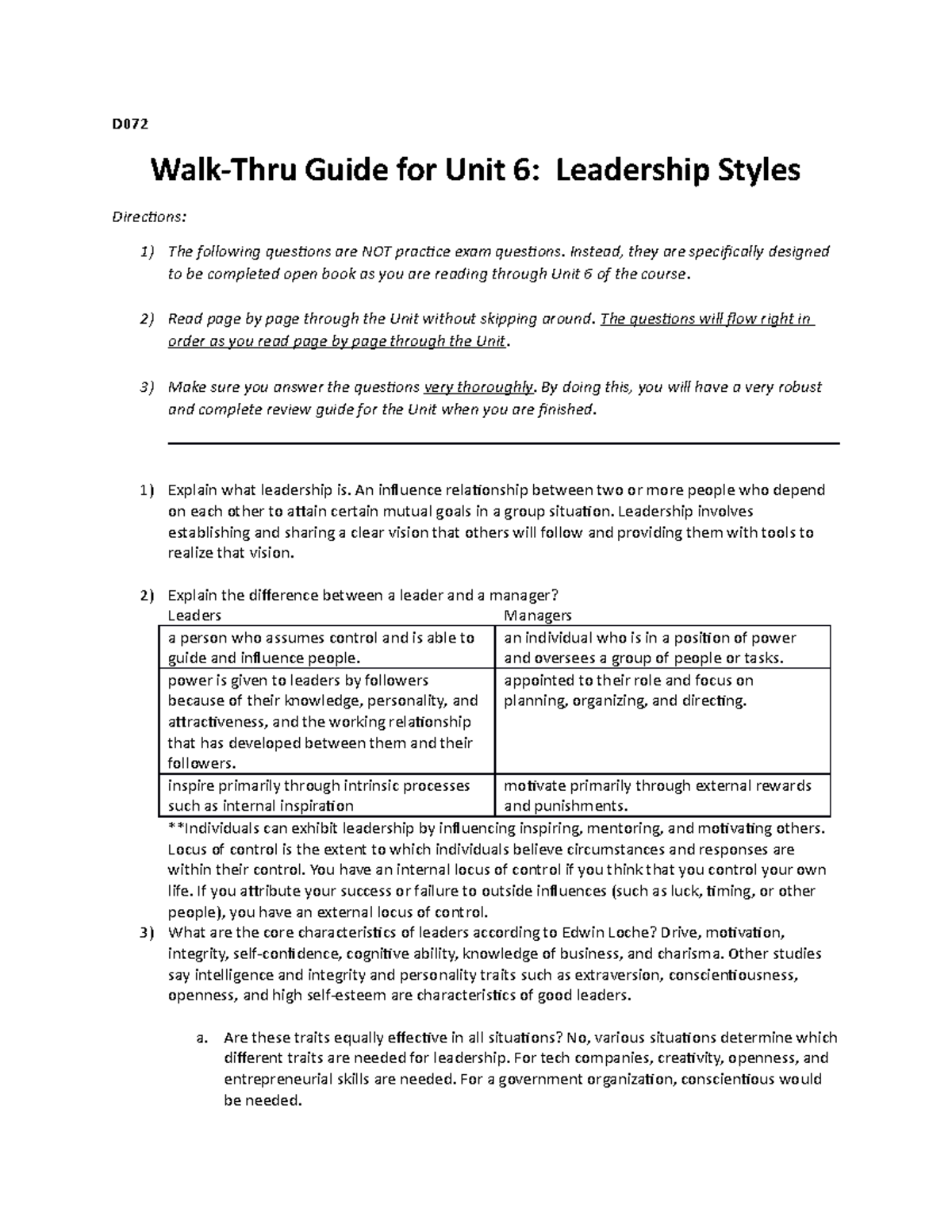 D072 Unit 6 Leadership Styles Walk-Thru Guide for Review - Studocu