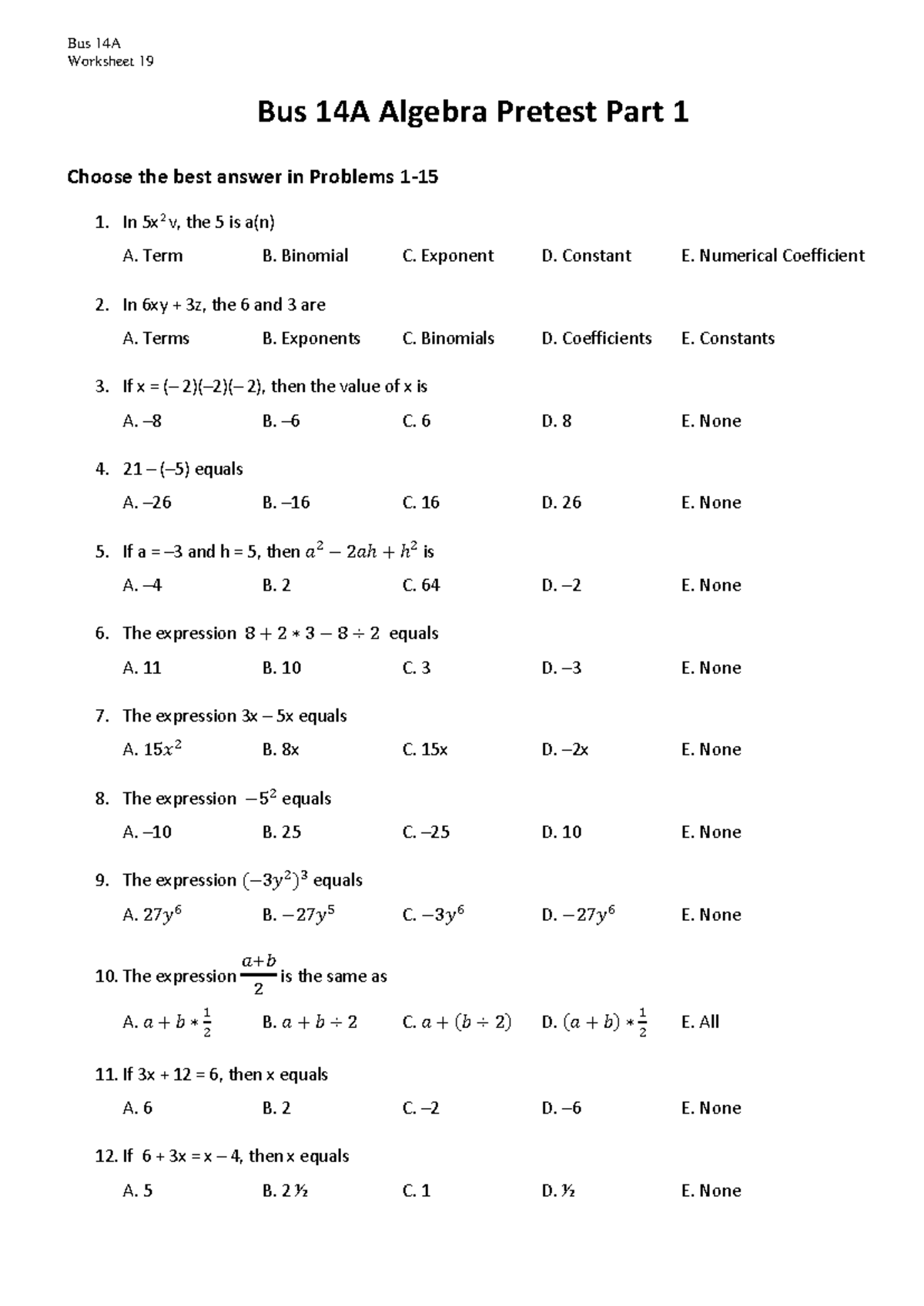 Algebra Pretest Part 1 for BUS 14A - Worksheet 19 - Bus 14A Worksheet ...