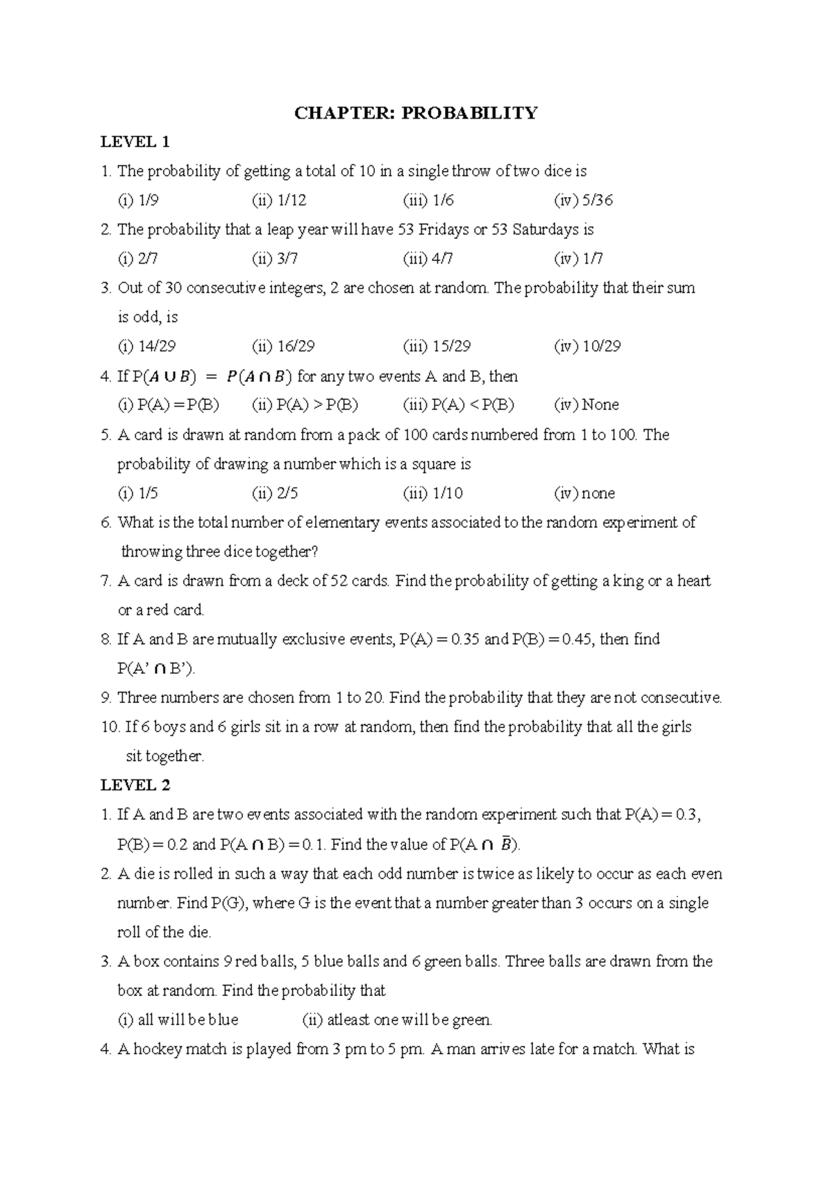 CHAPTER 14: PROBABILITY LEVEL 1, 2, & 3 NOTES - Studocu