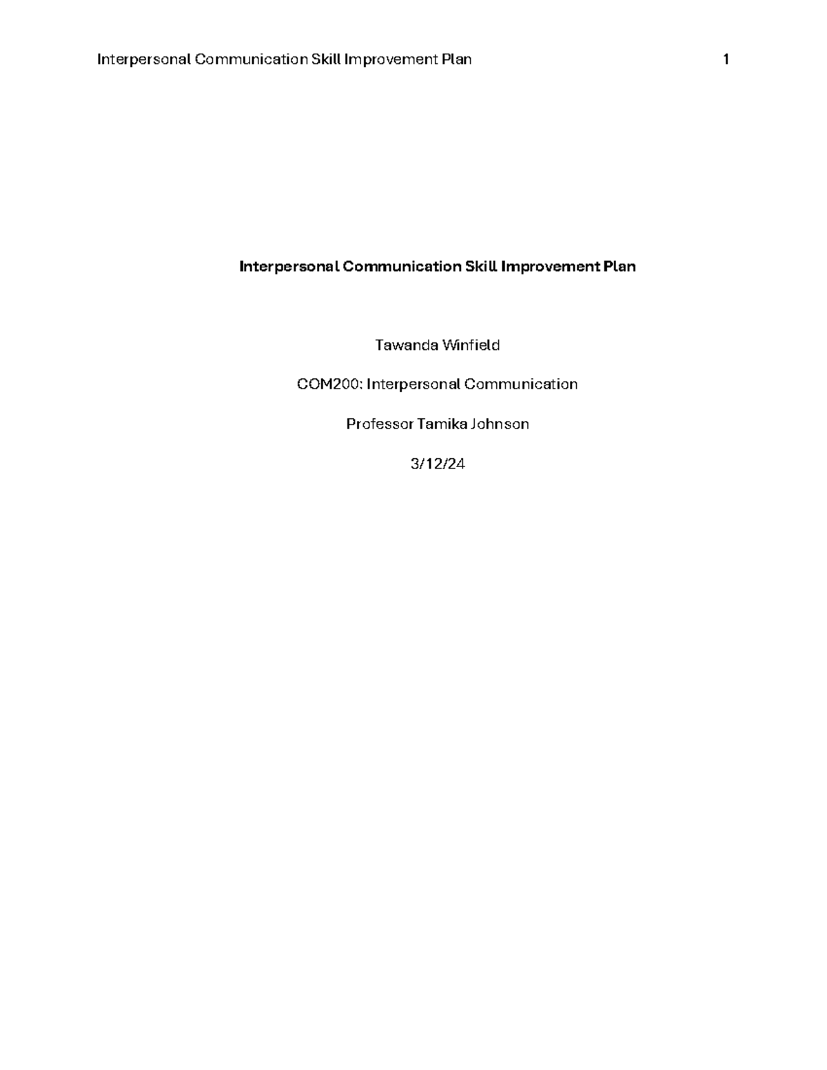 Com200 Week 1 Assignment Interpersonal Communication Skill