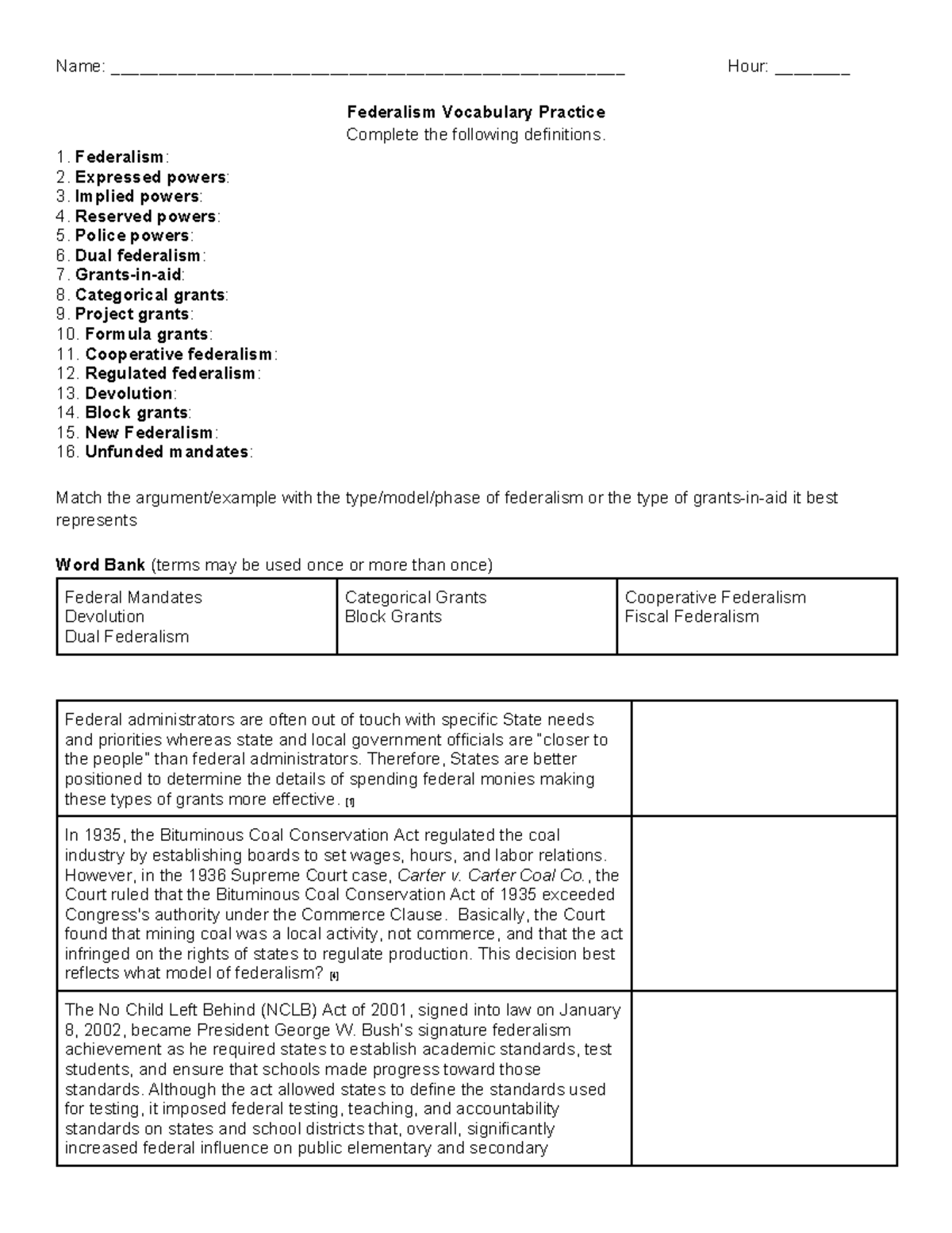 Federalism Vocabulary Practice: Key Terms & Definitions Guide - Studocu