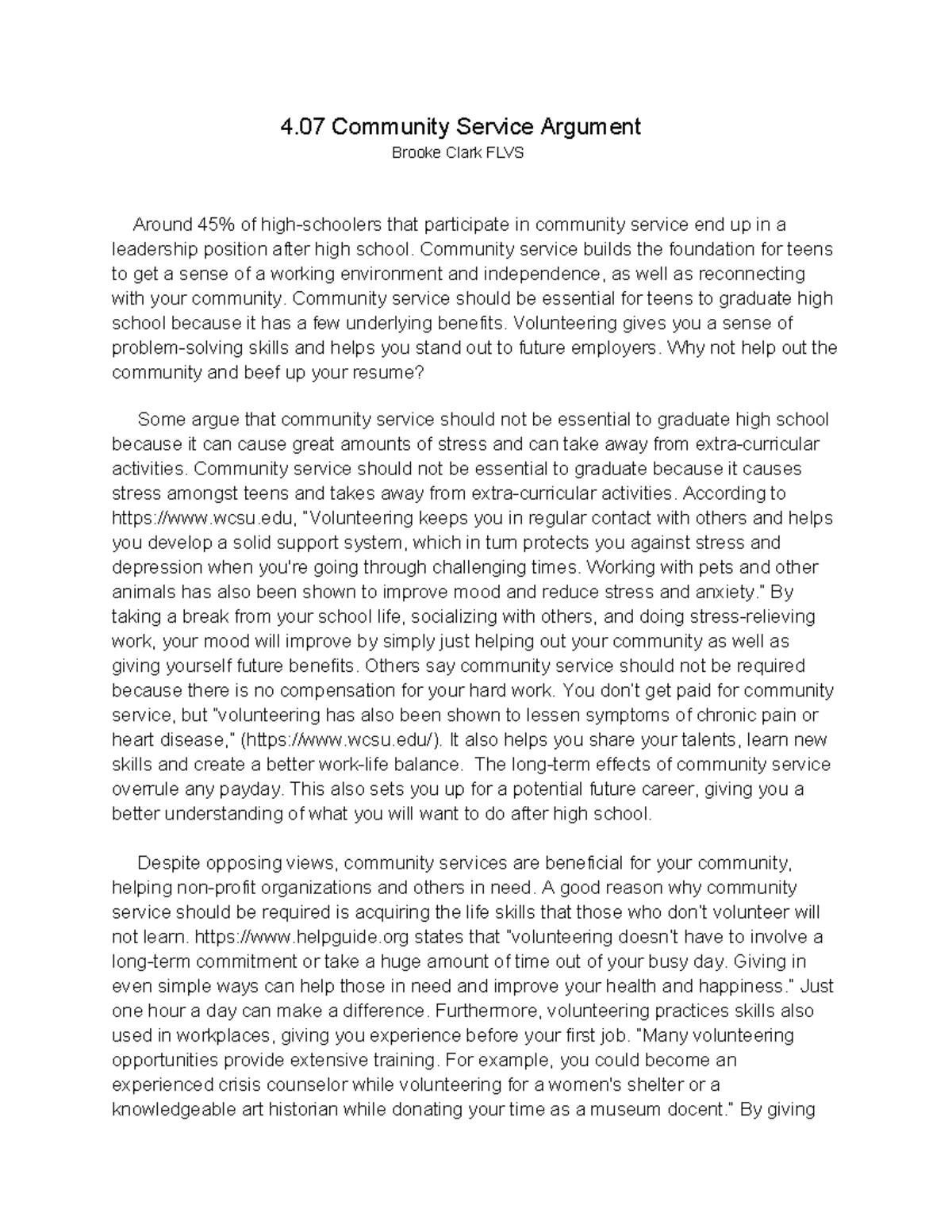 4.07 Argument Essay: The Case for Requiring Community Service in High ...